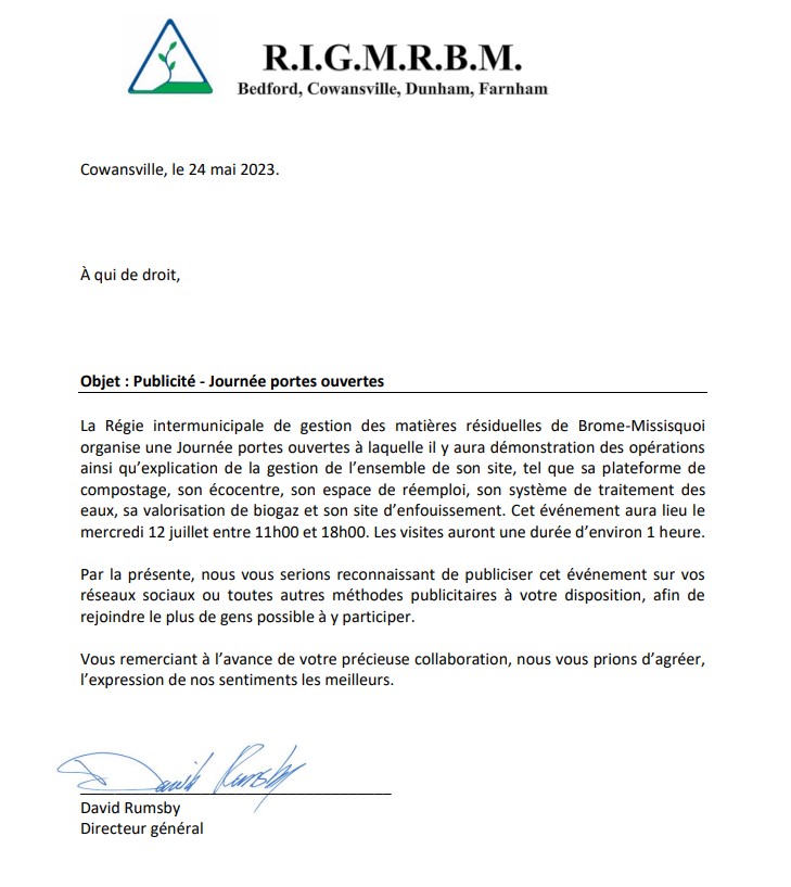 Journée portes ouvertes - Municipalité de Notre-Dame-de-Stanbridge