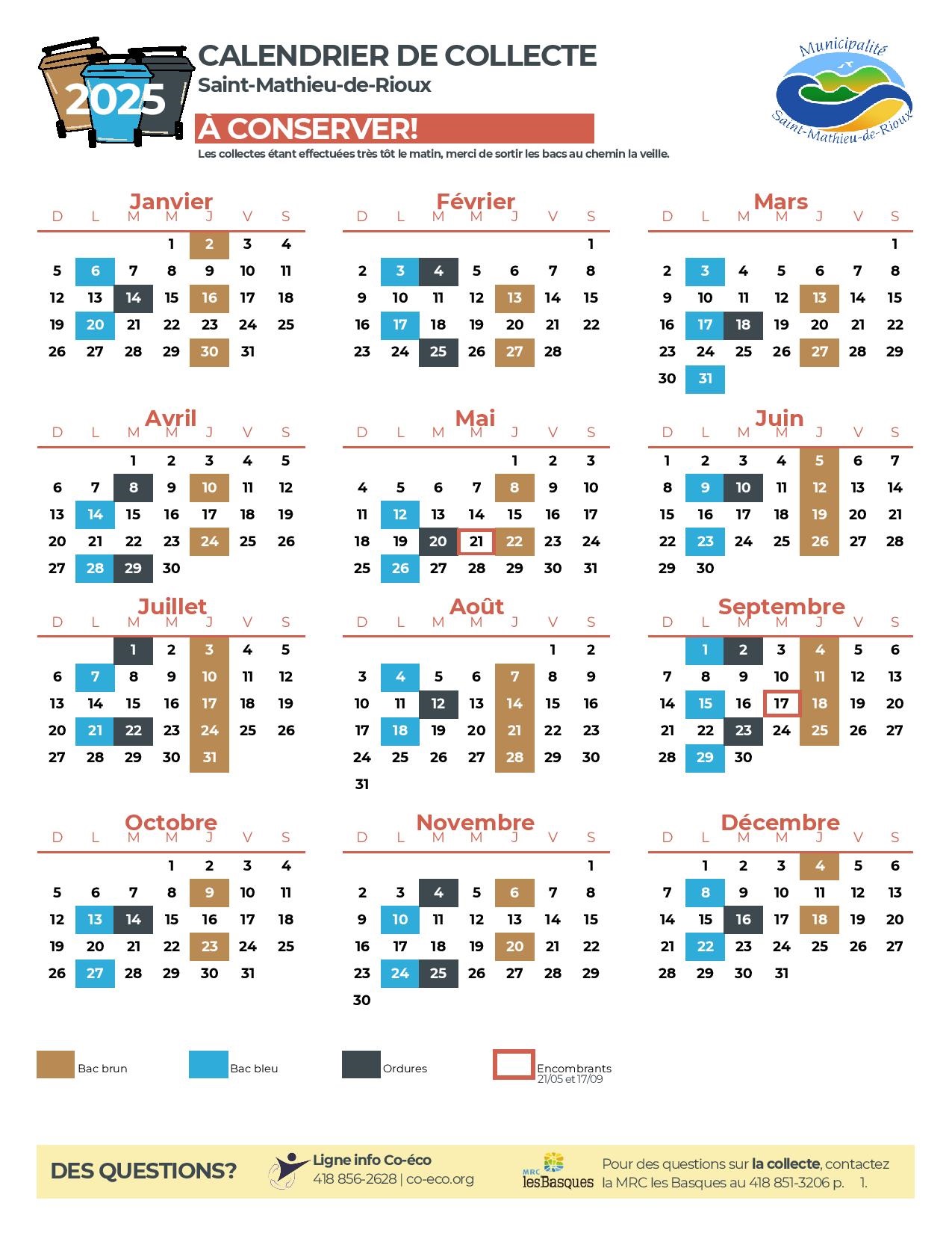 CALENDRIER DE COLLECTE 2025 - Municipalité de Saint-Mathieu-de-Rioux