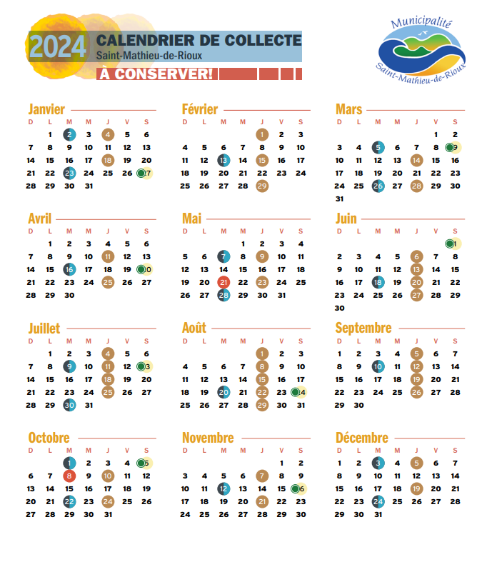 Calendrier de collecte 2024 - Municipalité de Saint-Mathieu-de-Rioux